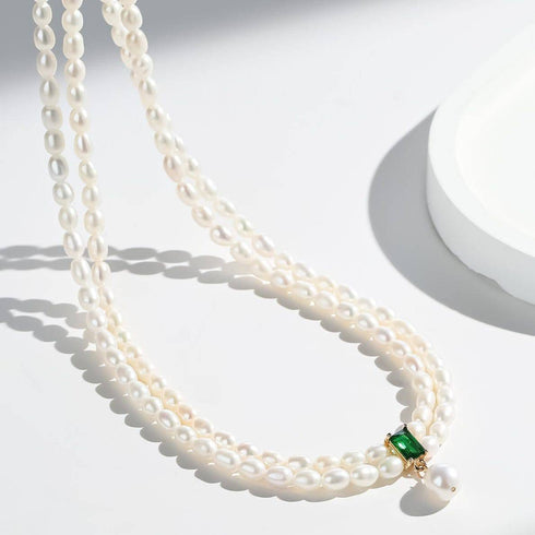 Double Strand White Freshwater Pearl Emerald Pendant Necklace | House Of Pearls