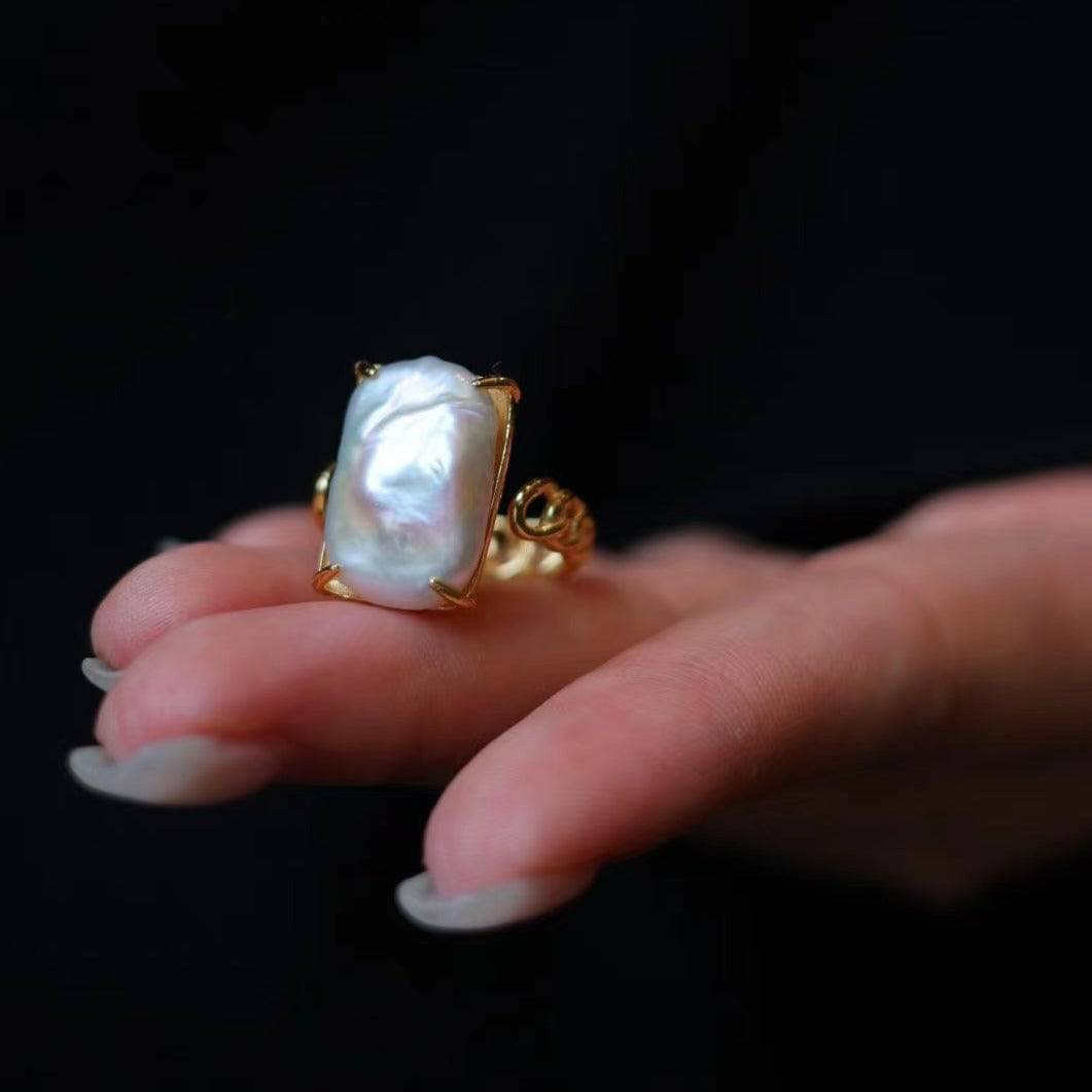 Adjustable Rectangular Freshwater Baroque Pearl Ring in Gold Vermeil ...