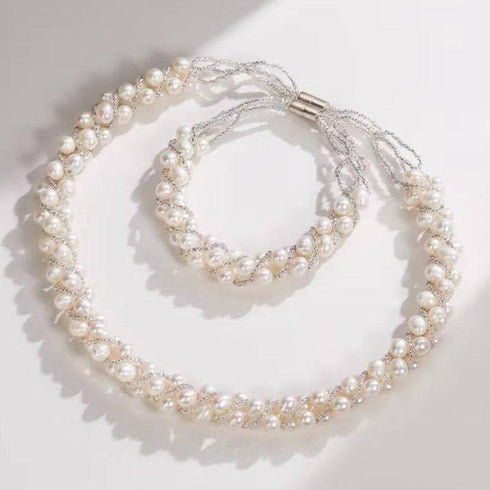 White Freshwater Pearl Twist Braided Necklace & Bracelet (Purchase ...